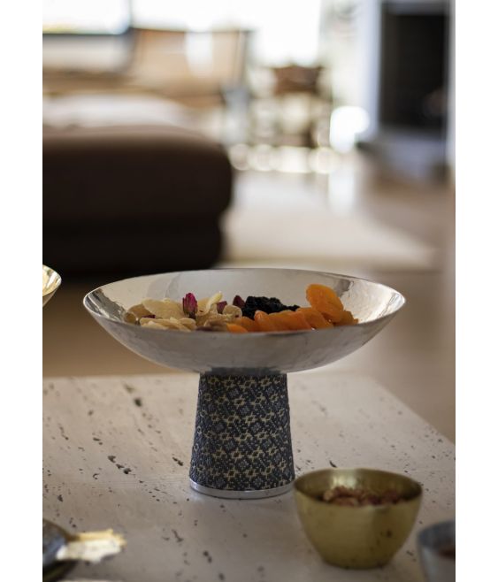 Hammered Metal Serving Bowl with Embroidery